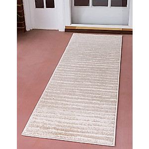 Unique Loom Sabrina Soto Outdoor Collection Geometric, Modern, Vibrant, Striped Carved Area Rug, 2 ft x 8 ft, Beige