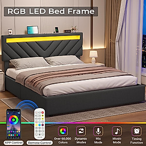 ADORNEVE Full Size LED Bed Frame with 4 Drawers, Platform Bed Frame with 2 USB Charging Station, Upholstered Bed with Storage, No Box Spring Needed, Easy Assembly, Dark Grey