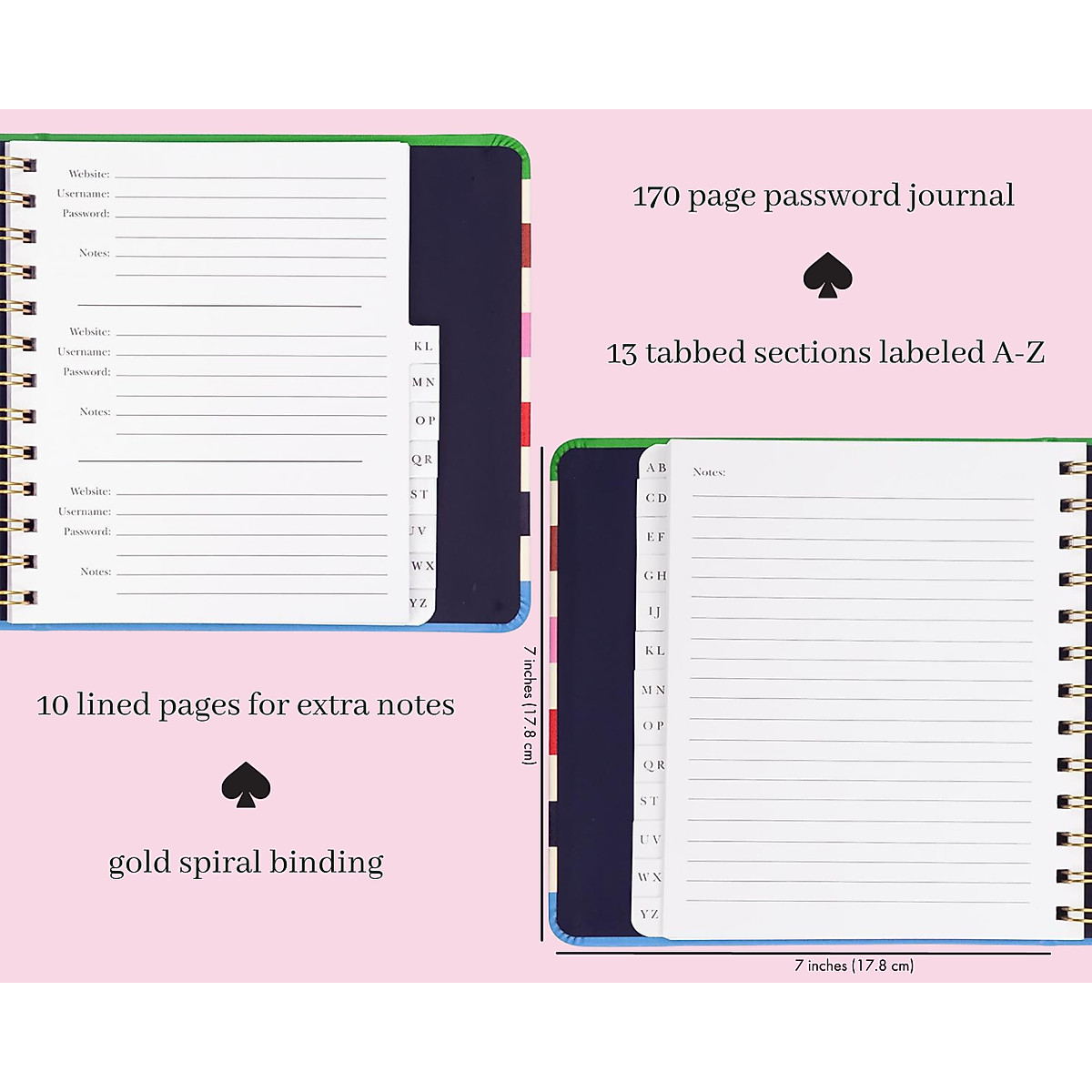 Kate Spade New York Password Book with Tabs, 170 Page Password Journal, Spiral Password Book with Leatherette Hardcover, Adventure Stripe