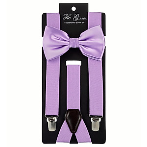TIE G Solid Color Men's Suspender + Woven Bow Tie Set for Wedding : Vivid Color, Adjustable Brace, Strong Enhanced Clip, Elastic Band (Lavender)