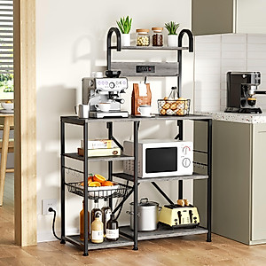 JAMFLY Bakers Rack with Power Outlet, Microwave Stand, kitchen Storage Shelf with 6 Hooks, Coffee Bar Station with Wire Basket, 6 Tier Kitchen Rack for Living Room, Spice, Pots and Pans Organizer