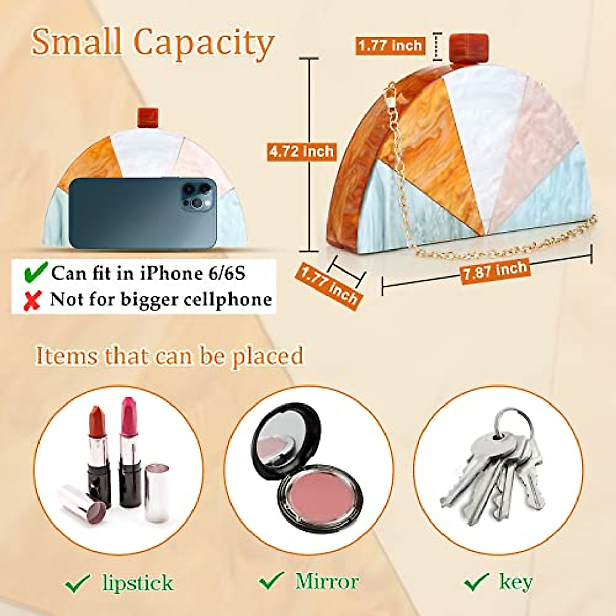 Clutch Purses Women Semicircle Evening Bag Splicing Color Crossbody Handbags for Wedding Cocktail Party Prom Banquet (Orange)