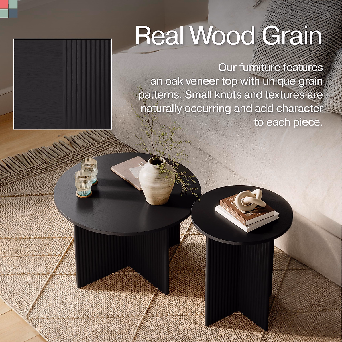 Round Fluted Nesting Coffee Table - 2 Piece Coffee Table Set - Living Room Furniture - Modern Home Decor - Solid Wood Base and Wood Grain Veneer Top (Blackened Oak)