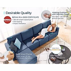 LINSY HOME Sectional Sofa, Blue, 300lb Weight Capacity, Changeable Covers, Storage Seat, BIFMA X5.4-2020 Certificated, Memory Foam Cushion, Easy Assembly, 6 Packages