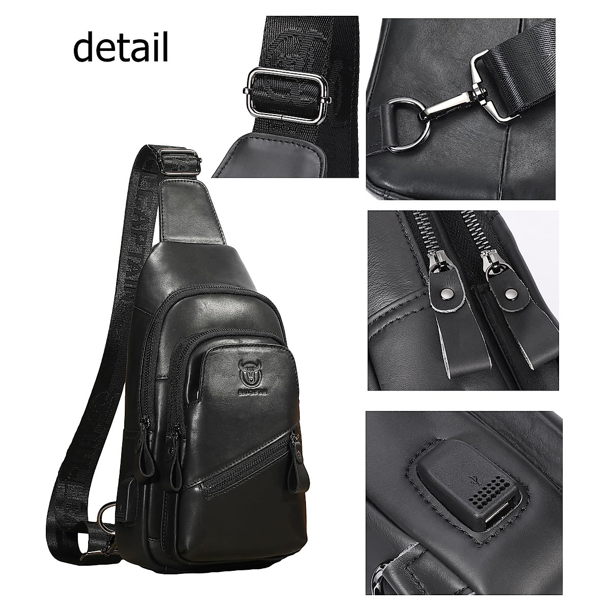 BULLCAPTAIN Mens Leather Sling Bag Backpack Casual Outdoor Shoulder Crossbody Chest Bag with USB Charging Port (Black)