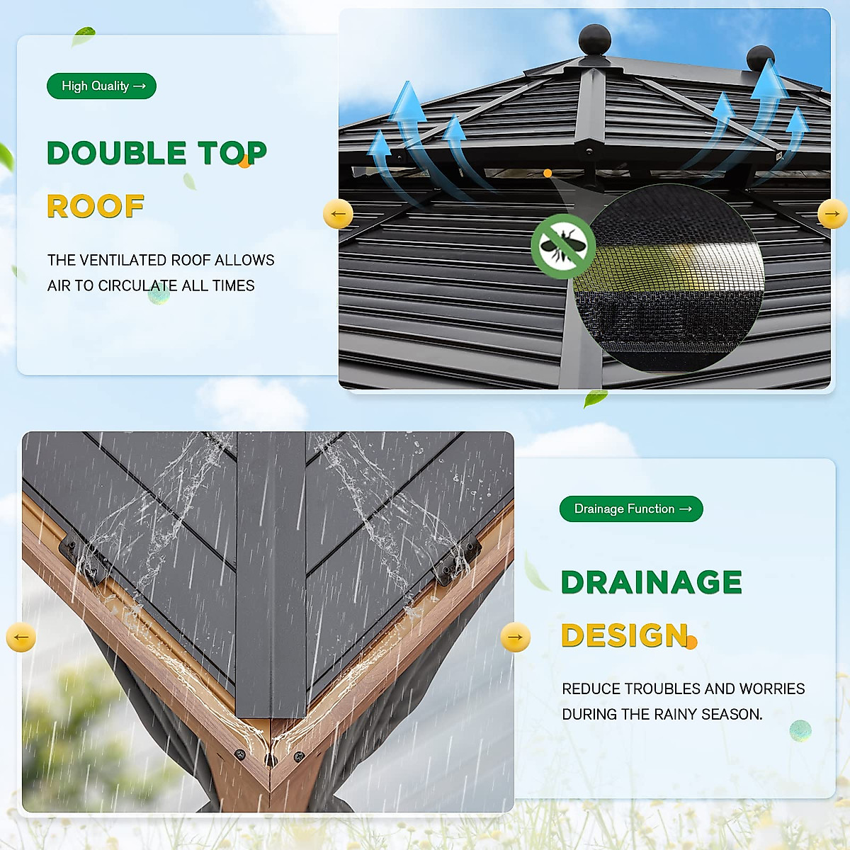 EROMMY 10' x 13' Hardtop Gazebo Outdoor Aluminum Wood Grain Gazebos with Galvanized Steel Roof and Mosquito Net for Patios, Deck,Backyard,Curtains&Netting