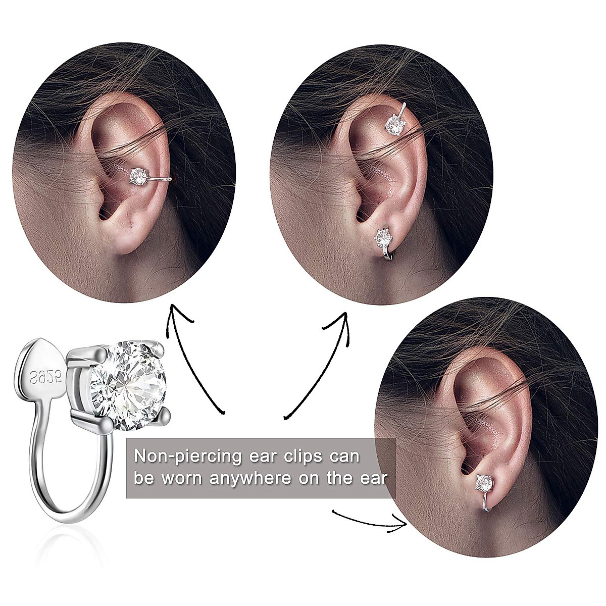 Cubic Zirconia Ear Cuffs - Sterling Silver Hypoallergenic Non-Piercing Cartilage Earrings CZ Clip on Earrings Round Crystal Stud Earrings for Women 6mm
