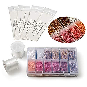 Craftdady 6400Pcs 24 Colors Glass Bugle Seed Beads 4.6-5mm Tube Spacer Loose Pony Beads with 4Pcs Big Eye Beading Needles, 2 Rolls Crystal Thread for Jewelry Making
