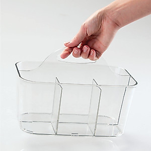 mDesign Small Plastic Shower/Bath Storage Organizer Caddy Tote with Handle for Dorm, Shelf, Cabinet - Hold Soap, Shampoo, Conditioner, Combs, Brushes, Lumiere Collection, Clear