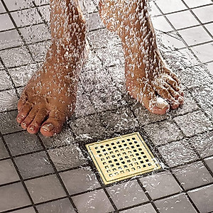 Swhyger 6 Inch Square Shower Floor Drain Brushed Brass with Flange,SUS304 Stainless Steel Gold Shower Drain Cover with Quadrato Pattern Grate Removable Hair Strainer,98738BG6-S.