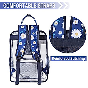 VASCHY Clear backpack for Women, Heavy Duty Transparent See Through Stadium Approved Square Backpack for Teen Girls Bookbag Schoolbag Daisy