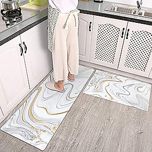 Colorful Star 2 Pieces Waterproof Cushioned Kitchen Rugs Set PVC Leather Runner Non-Slip Anti Fatigue Kitchen Floor Mats Comfort Floor Mat for Kitchen Laundry Decor 17"x29"+17"x47" White Gold Marble…