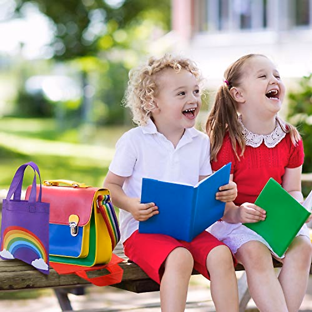 Aneco 24 Pieces Rainbow Non-Woven Bags Tote Gift Bags Rainbow Party Bags Birthday Bags with Handles for Party Favors, 8 by 8 Inches, 6 Colors