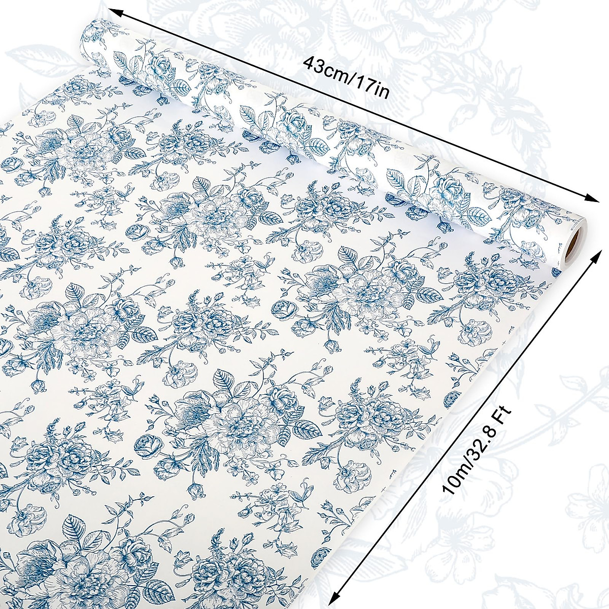 JarThenaAMCS Floral Wrapping Paper Mini Roll 17in x 32.8Ft Blue White Flowers Gift Wrap Paper Chinoiserie Paper for Birthday Wedding Baby Shower Holiday Party Wrapping Supplies