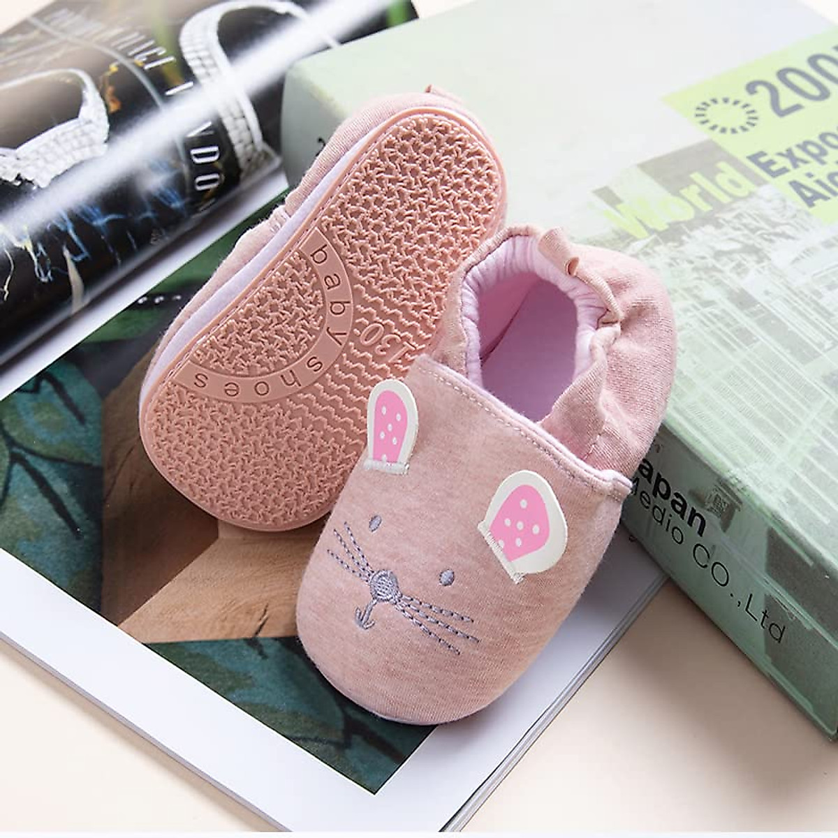 COSANKIM Infant Baby Boys Girls Slipper Soft Sole Non Skid Sneaker Moccasins Toddler First Walker Cirb House Shoes, 9-12 Months Infant, 01 pink cat