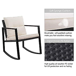 Flamaker Patio Chairs 3 Piece Wicker Rocking Chair Outdoor Bistro Sets with Coffee Table and Cushions Metal Frame Patio Furniture for Porch, Balcony, Lawn (White)