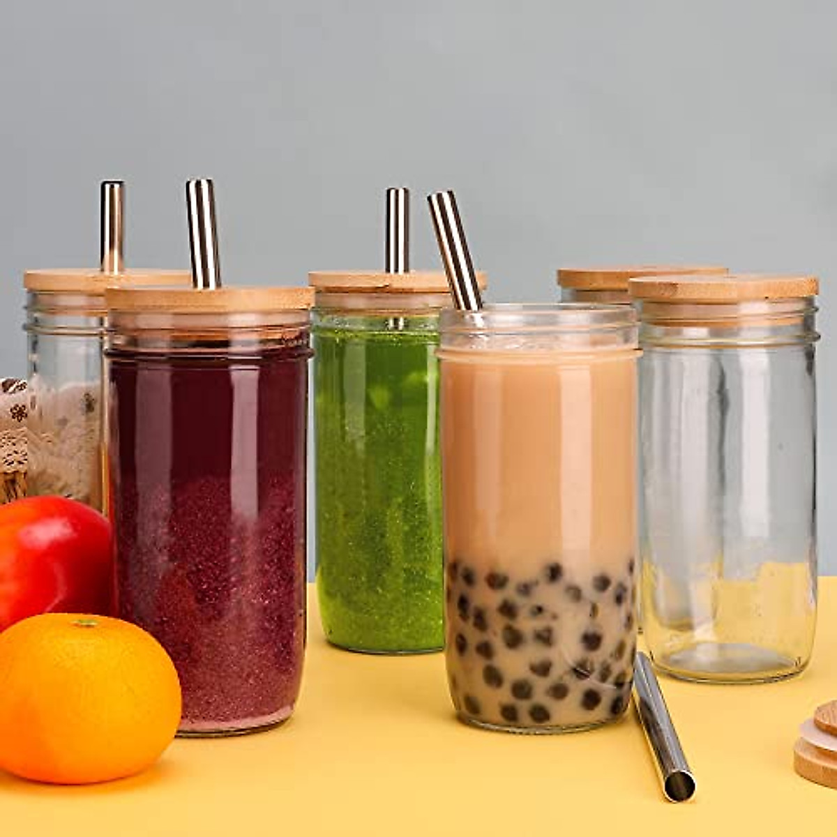 Mixrug Bubble Tea Cups 24oz 2 Pack, Reusable Iced Coffee Cups Wide Mason Mouth Smoothie Cups With Bamboo Lids and Silver Straws, Mason Jar Drinking Glasses Cups, Travel Glass Drinking Bottle