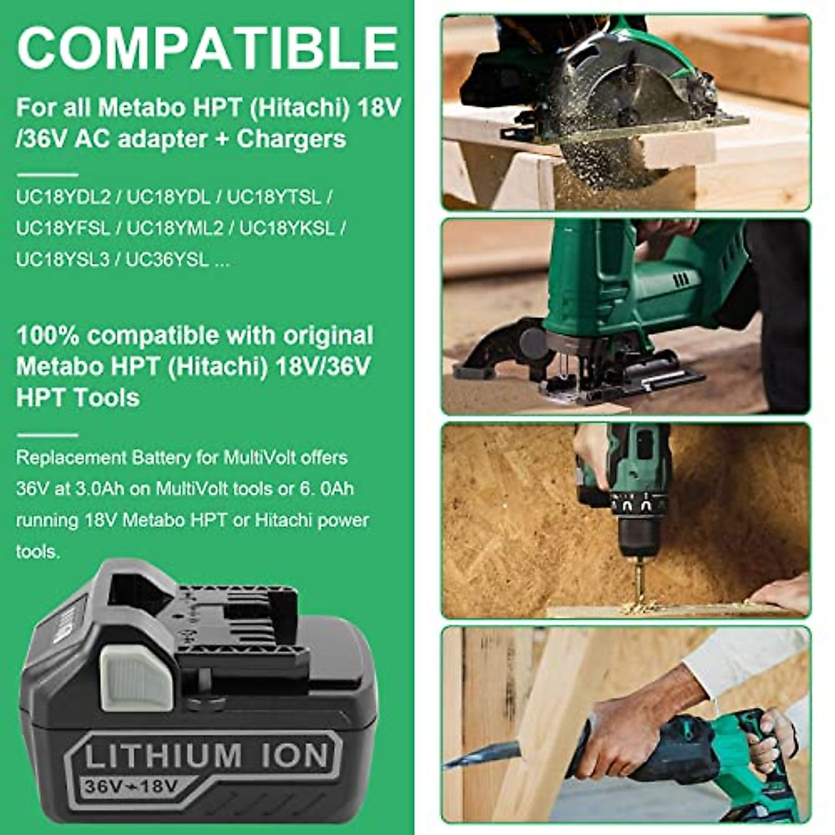 High-Output Multi Volt 6.0Ah/ 3.0Ah Battery for Metabo HPT 36V/ 18V MultiVolt Lithium Ion Battery, Slide Style 372121M /371751M