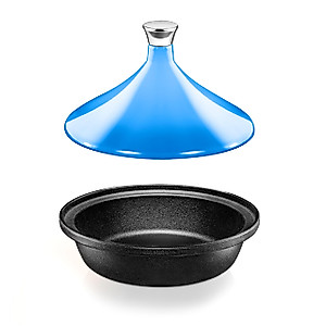 NutriChef Cast Iron Moroccan Tagine - 11.6 Inch Tajine Cooking Pot with Stainless Steel Knob, Enameled Base, Cone-Shaped Enameled Lid - Oven and Dishwasher safe - 2.75 Quart, Blue