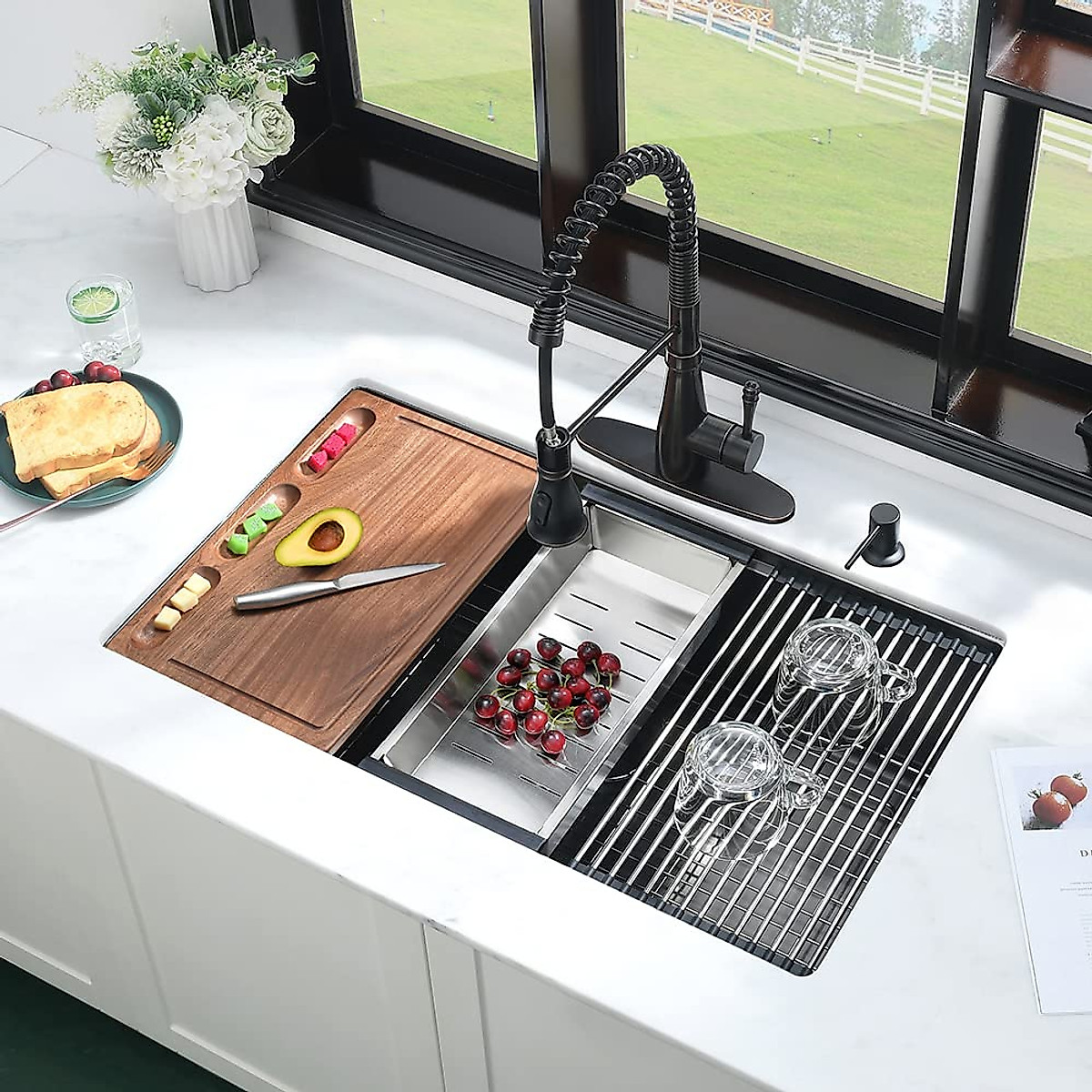 33 Inch Black Stainless Steel Undermount Kitchen Sink - iAnomla 33x19x10 Undermount Workstation Sink 16 Gauge Gunmetal Black Deep Single Bowl Kitchen Sink with Cutting Board & Colander