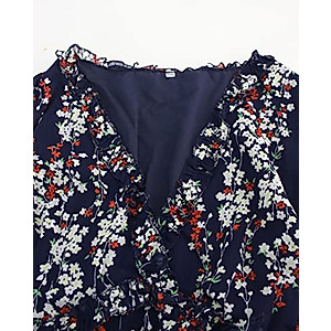 MOPOOGOSS Womens Junior Casual Summer Spring Ruffle Elegant Floral Long Sleeve Sexy V Neck Cute Chiffon Boho Beach Tunic Swing A Line Flowy Long Beach Casual Dresses for Women Navy M