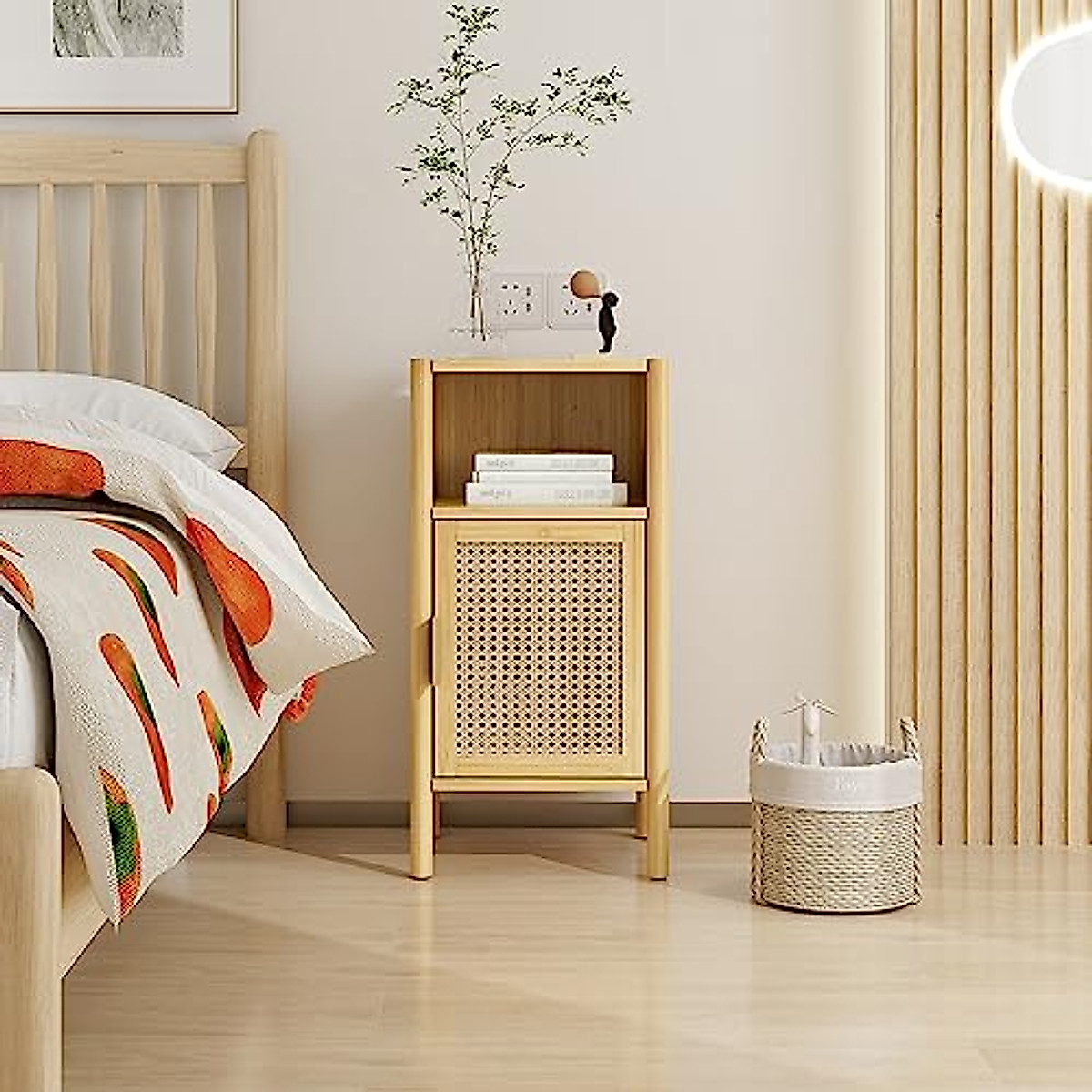 INMOZATA Bamboo Nightstand 1 Door Cabinet, Rattan Bedside Tables with Open Shelf, Natural Rattan Nightstand for Bedroom