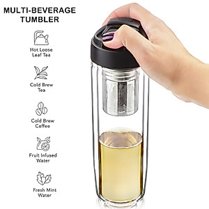 Teabloom Travel Tea Infusing Cup – Insulated Borosilicate Glass Bottle with Magnetic Controlled Infuser and Flip Lid for Hot Tea, Cold-brew Coffee, Fruit Water – The Innovator Tumbler (15oz/450ml)