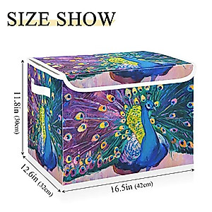 Kigai Peacock Storage Bins Foldable Large Cube Storage Box with Lids and Handles for Home Organizer Closet Office Decor 16.5x12.6x11.8 In