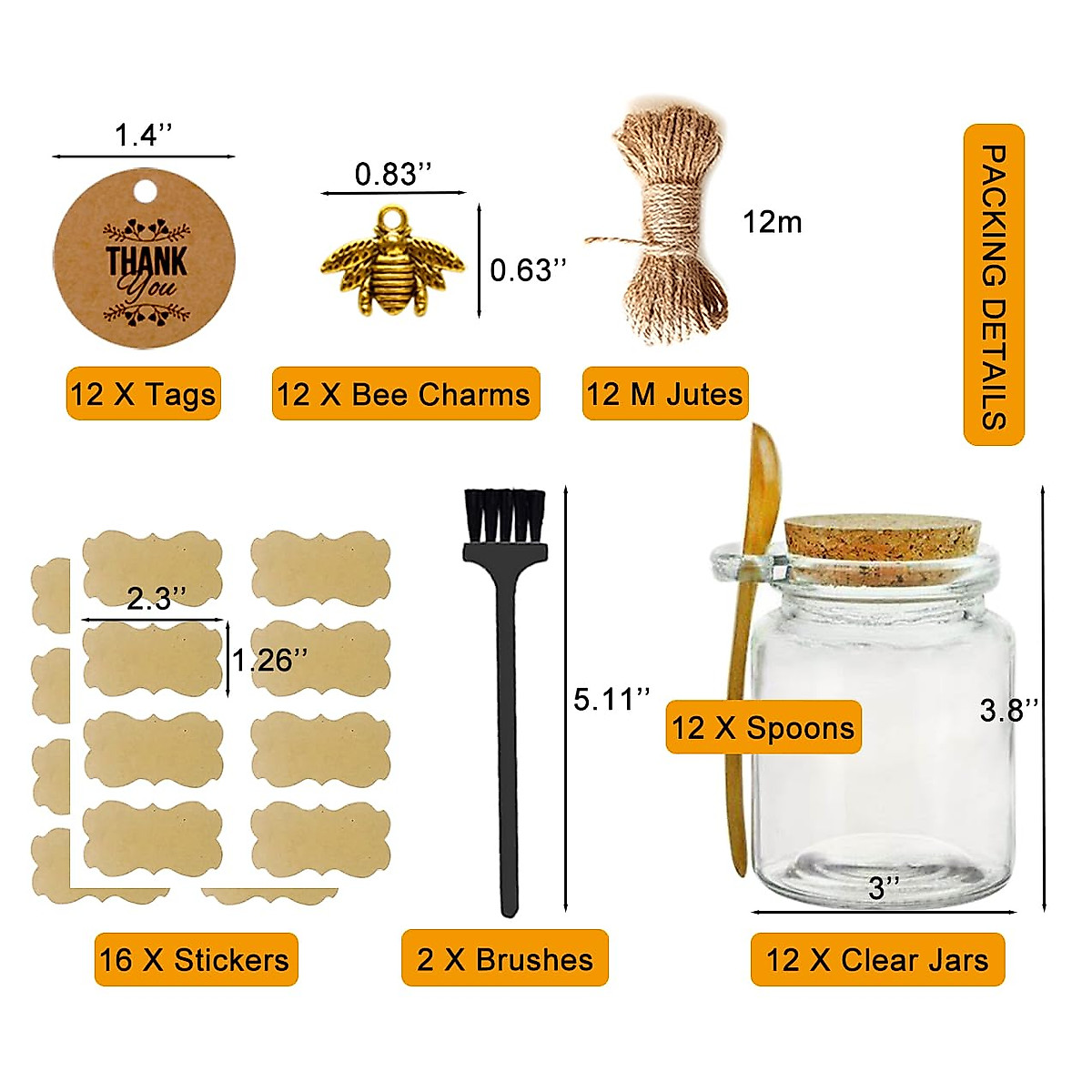 Ahhute Glass Storage Honey Jars with Cork Lids, Bamboo Spoons,Brush and Lables - Glass Canning Jars for Bath Sea Salt, Spices, Teas, Candy, Candle Making,Diy and Art,Dishwaresafe,12 Pack, 250ml/8oz