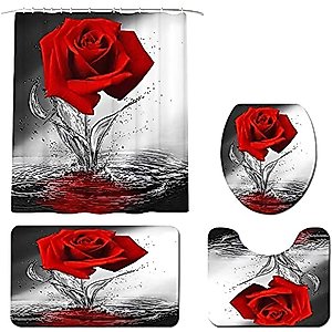 LUKUY 4pcs Rose Shower Curtain Sets with Non-Slip Rugs Toilet Lid Cover and Bath Mat Black and Red Flower Bathtub Curtains Durable Fabric Bath Curtain Set for Bathroom Decor