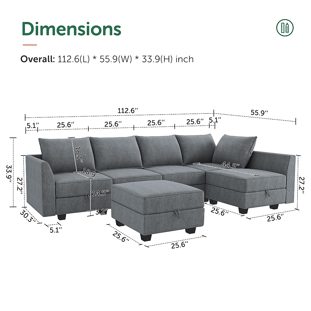 HONBAY Convertible L Shape Sectional Sofa Modular Sectional Couch with Reversible Chaise L Shaped Sofa 4 Seat Couch with Storage Ottoman, Bluish Grey