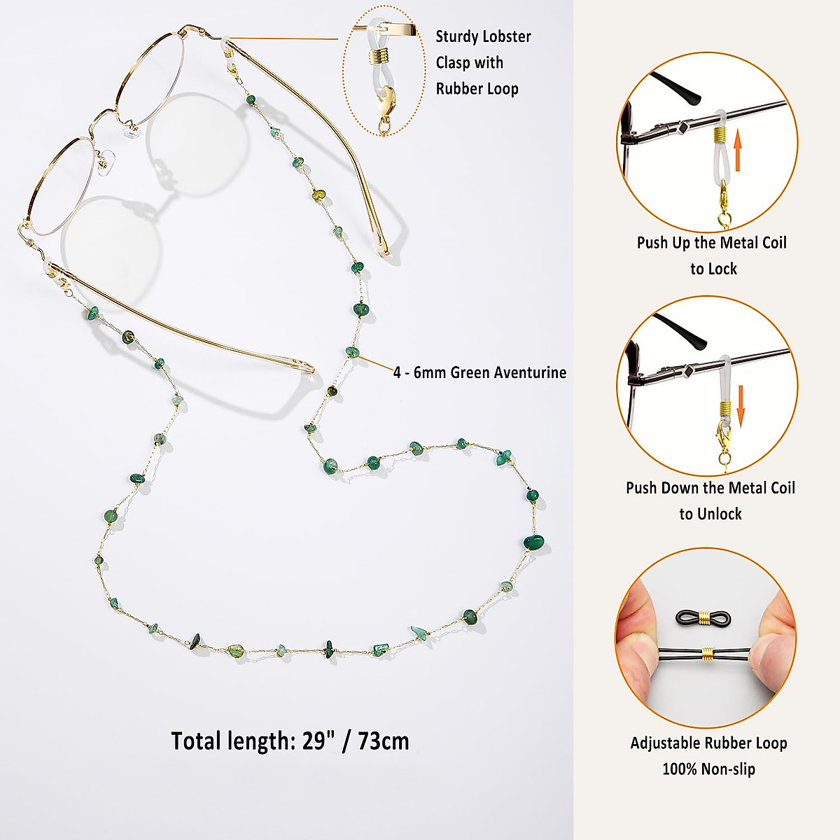 ERNAULO Glasses Chain for Women Eye Glasses Holders Around Neck Natural Crystal Eyeglasses Strap Sunglass Chains for Women EC-Green Aventurine