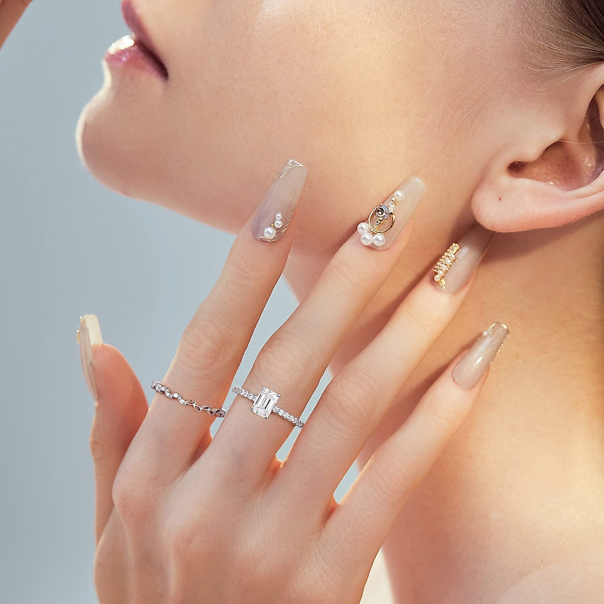 MOOSEA Moissanite Anniversary Rings for Women, 1ct Emerald Cut D Color VVS1 Clarity Lab Created Diamond Wedding Rings 14K White Gold Vermeil Moissanite Engagement Rings for Women with Sidestone