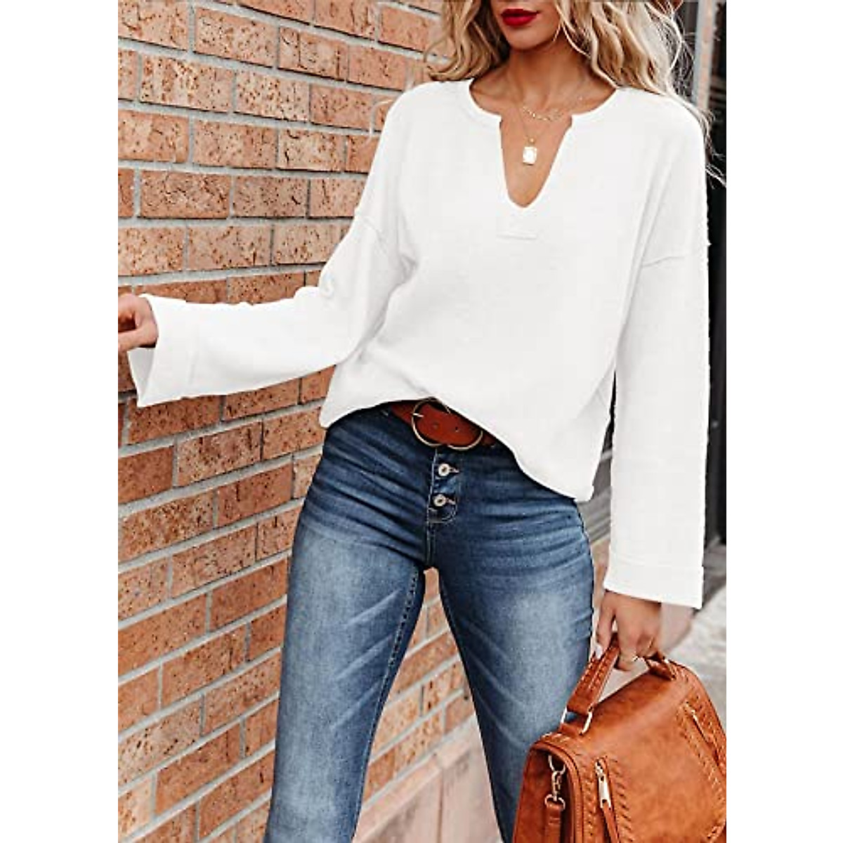 Women's V Neck Long Sleeve Pullover Sweater Causal Ribbed Knit Henley Shirts Tops White