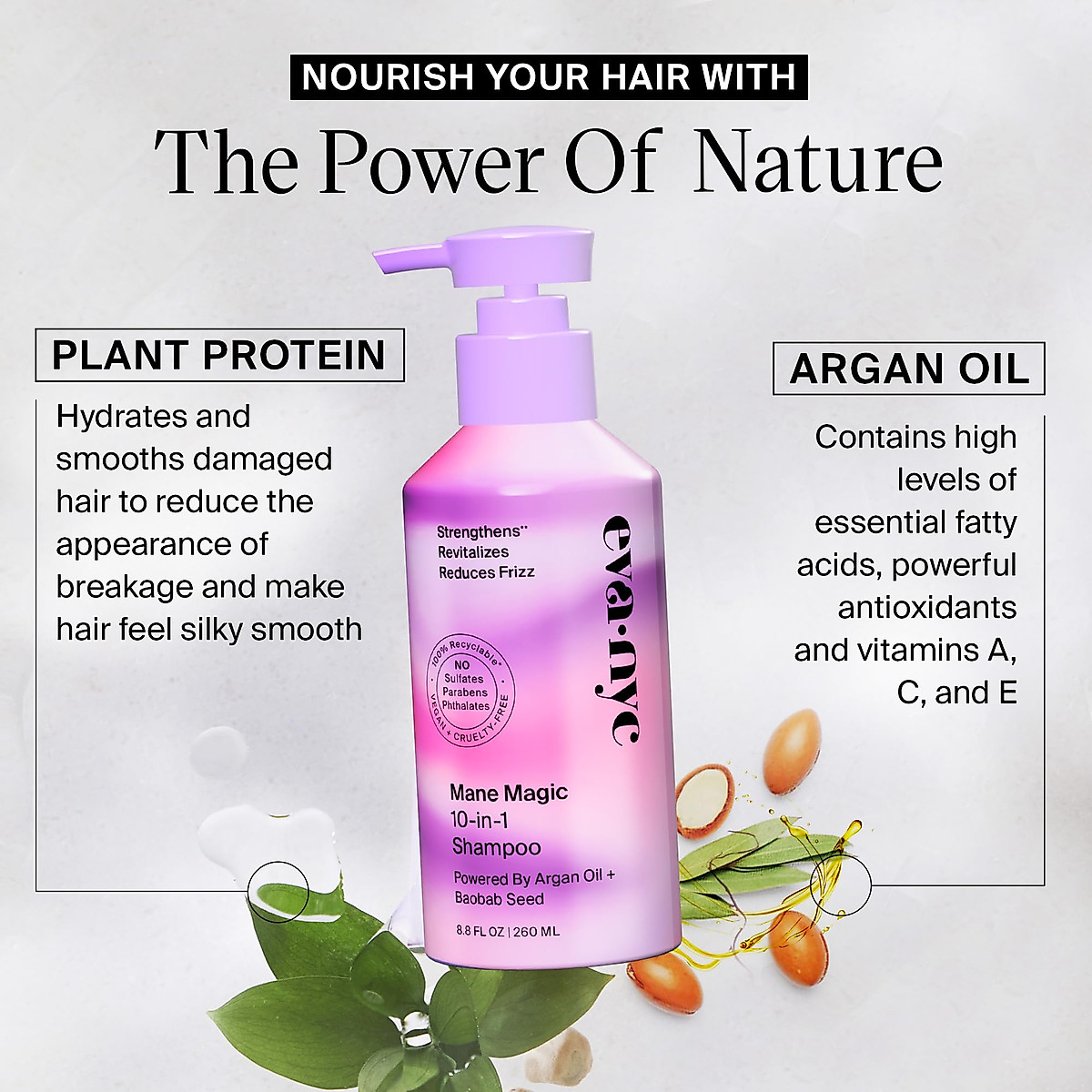 Eva NYC Mane Magic 10-in-1 Shampoo - Soft, Smooth, Strengthening and Nourishing Sulfate-Free Shampoo for Women, GMO-Free, 8.8 fl oz