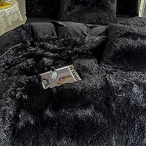 MR.FEATHER Duvet Cover Queen Size, Thickening Winter Fluffy Luxury Plush Shaggy Duvet Cover Sets Velvet Bedding Comforter Bed Sets 3 Pieces (Black, Twin)