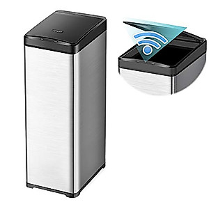 CozyBlock Automatic Trash Can for Kitchen, Stainless Steel Touchless Motion Sensor Bin, Wide Opening Soft Close Lid, LED Countdown Timer (13 Gallon- Slim Design)