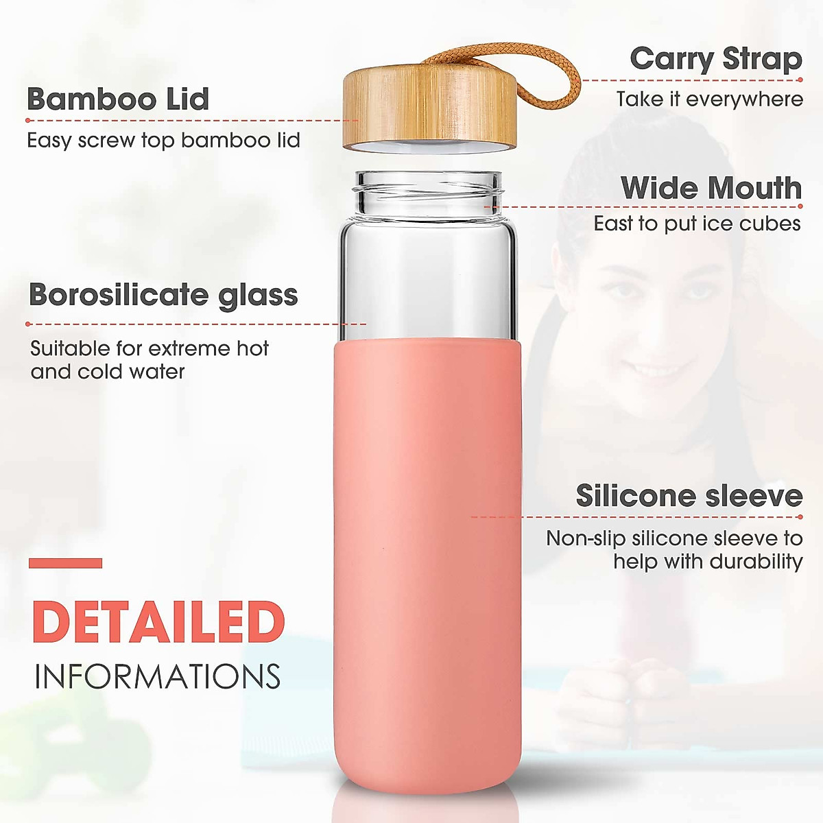 Yomious 20oz Bundle with 25oz Glass Water Bottle with Bamboo Lid and Silicone Sleeve – Reusable BPA Free – Glass Drinking Bottle with Lids