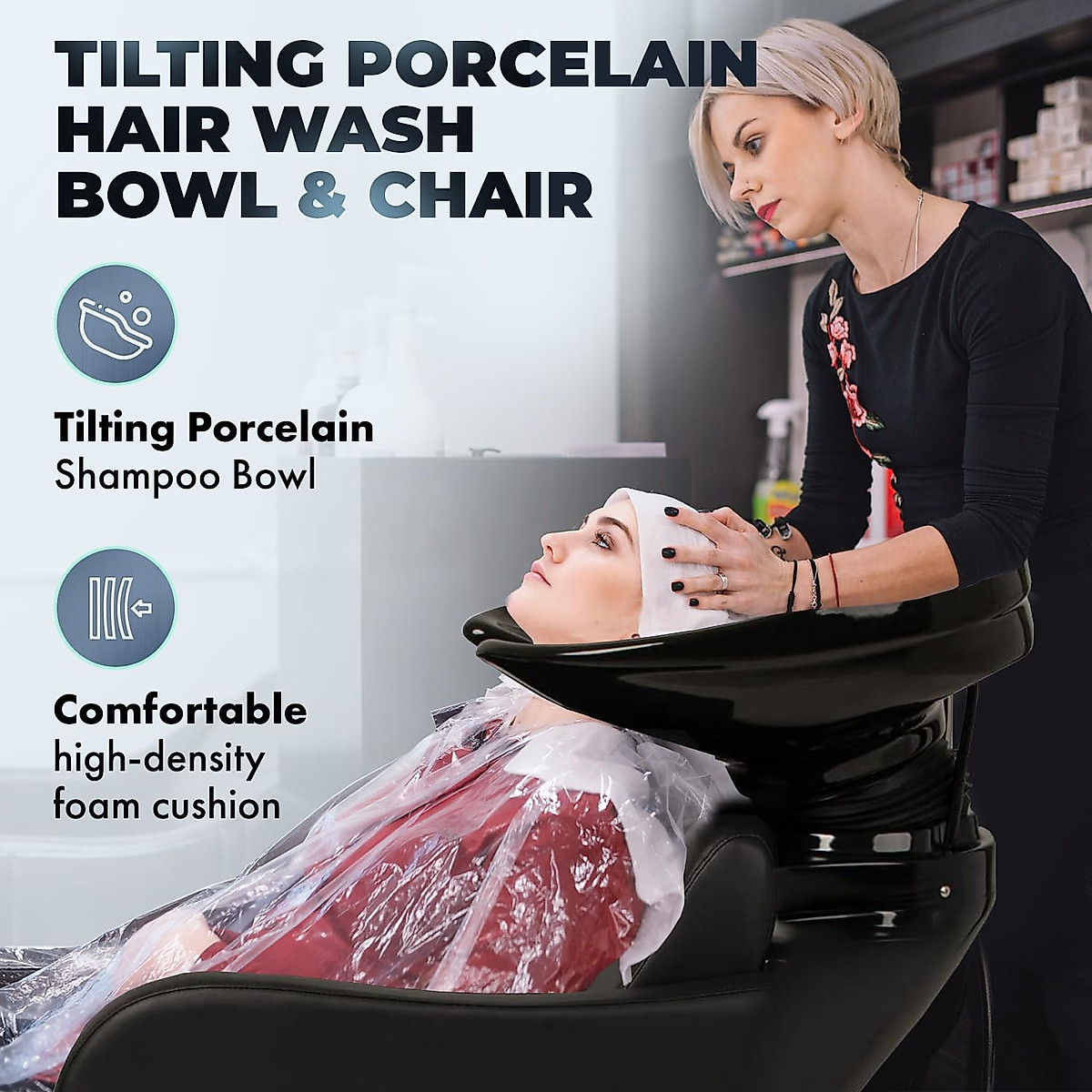 Buy-Rite Lexus Backwash Unit - Salon Shampoo Chair & Tilting Porcelain Shampoo Bowl, European Style Single Handle Faucet, Extra Wide Seat and Kick-Out Leg Rest, TS-8018B (Black)