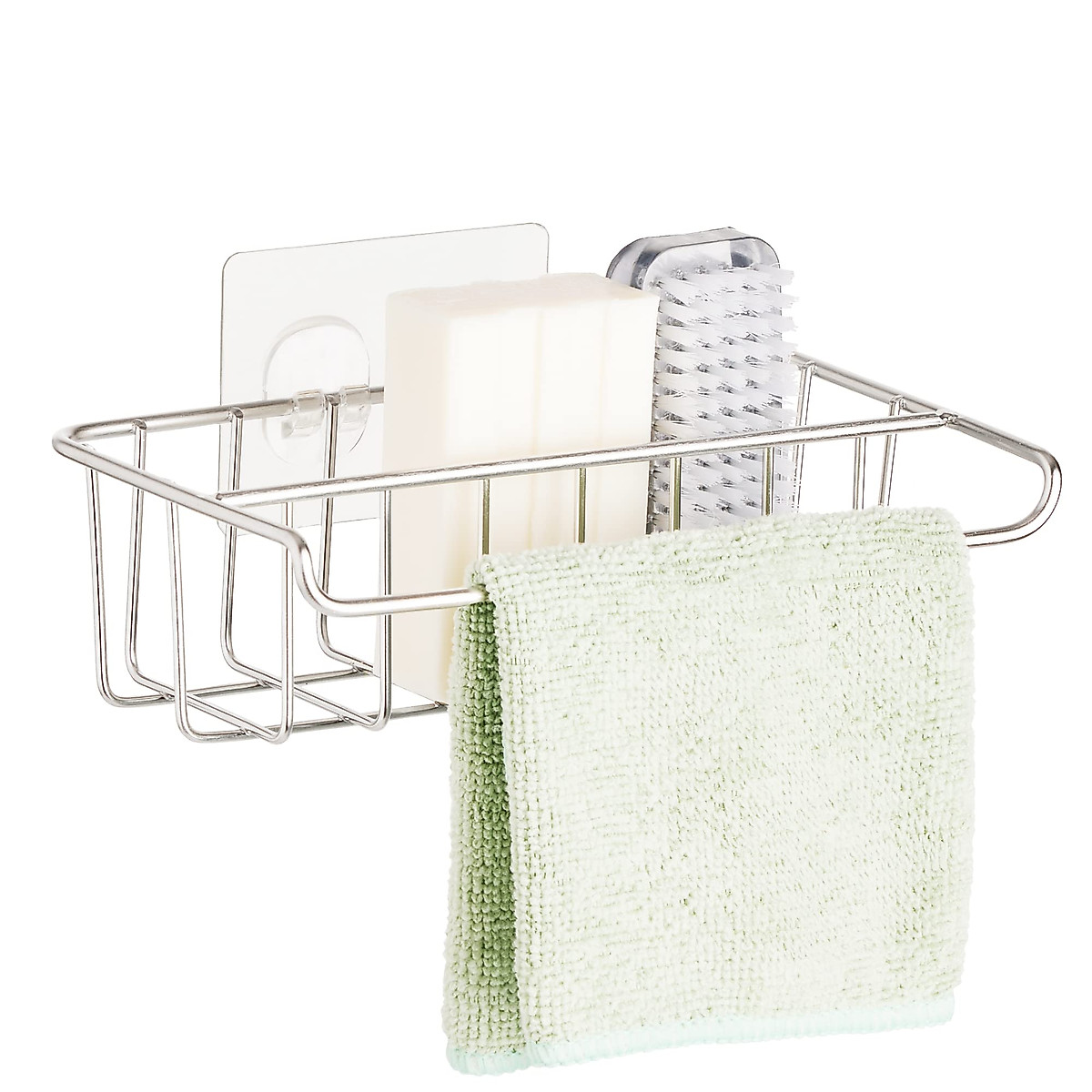 KINCMAX Adhesive Sink Organizer Sponge Holder+Dish Cloth Hanger, 2 in 1, Ideal for Removable Hanging Sink Caddy Brush Holder or Adhesive Sink Rack Dish Drainer, SUS304 Rust Proof,No Drilling