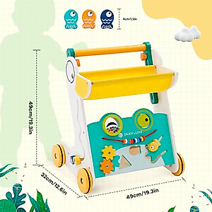 Wooden Baby Push Walker Wooden Push Toy Sit-to-Stand Learning Walkers for Baby Toddlers Baby Walker Activity Center Toys Fishing Game for 1+ Year Girls Boys Multi-Activity Learning Walker