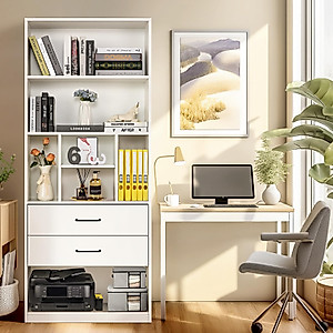 SEJOV White Bookshelf, 71" Tall Bookcase with 2 Drawers, Wooden Bookcases 4-Tier Open Shelves, Bookshelves and Storage Cabinet Floor Standing for Bedroom, Living Room, Office