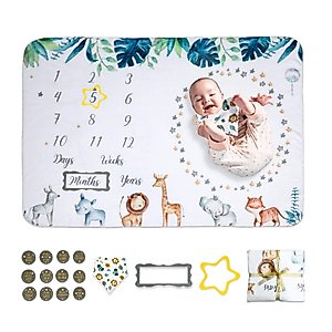 Baby Monthly Milestone Blanket - Nursery Decor for Newborn Baby Shower - Personalized Soft Fleece First Year with Days/Weeks/Months/Years - Markers & Frame &12 Stickers Included - Large 55"x40"