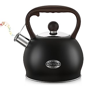 Tea Kettle Whistling Teapot for Stovetop - 2.64 Quart Food Grade Stainless Steel Tea Pot for Stove Top with Wood Pattern Handle, Loud Whistle Kettle for Tea, Coffee, Milk - Black