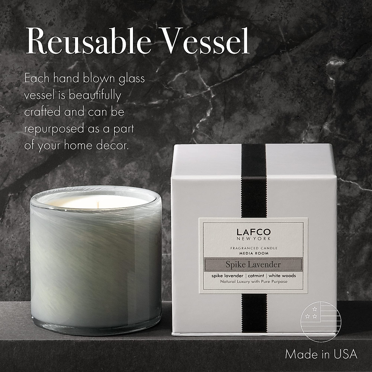 LAFCO New York Signature Candle, Spike Lavender - 15.5 oz - 90-Hour Burn Time - Reusable, Hand Blown Glass Vessel - Made in The USA