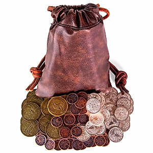 The Dragon's Hoard: 60 Real Metal Fantasy Coins with Leather Pouch | Board Game Accessory for Tabletop RPG Role-Play Strategy Games | Bronze, Silver, and Gold Colored Coins