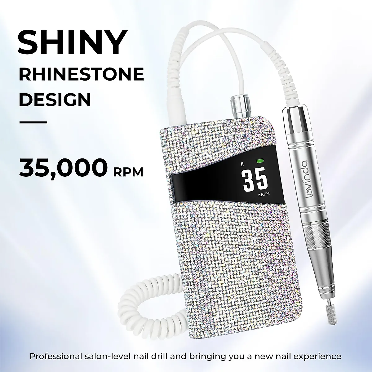 Lavinda Professional Nail Drill 35000RPM, Rechargeable Electric Nail File for Acrylic Nails Remove Gel Polish, Cordless E-File Machine 6 Bits Kit for Manicure Pedicure Salon Use, Crystal Diamond