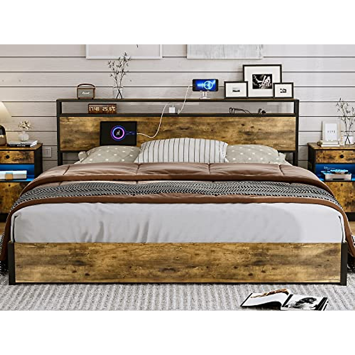 IKIFLY California King Size Lift Up Storage Bed - Metal Cal King Platform Bed Frame with 2-Tier Storage Shelf Headboard & Charging Station, Solid Wood Slats, No Box Spring Needed - Rustic Brown