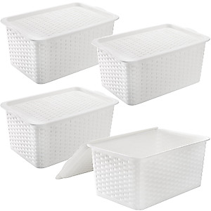 Dicunoy 3 Pack Lidded Storage Bins, Stackable Bathroom Storage Baskets with Lids, Small White Plastic Pantry Organizer with Handle for Kitchen, RV, Lockers, Classrooms, School, Toys, 11" x 7" x 5"