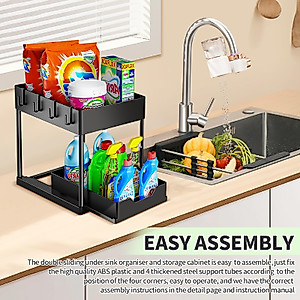 Kitchen Multi-Purpose Sink Organiser, Under Drawer Organiser, Under Sink Storage, 2 Tier Under Cabinet Organiser with Hooks and Cups, Cupboards, Bathrooms and Kitchens, Black